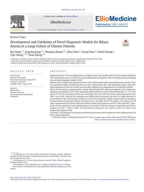 Pdf Development And Validation Of Novel Diagnostic Models For Biliary Atresia In A Large