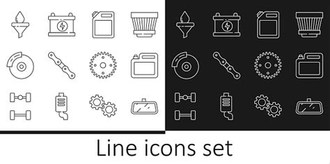 세트 라인 자동차 거울 모터 오일캐니스터 가솔린 체인 캘리퍼 깔때기 및 드롭 기어 및 배터리 아이콘브레이크 디스크 벡터 아이콘