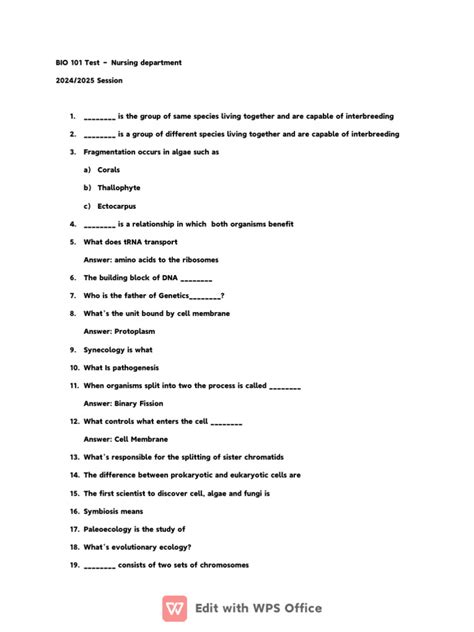 Bio 101 Test Quetions Pdf Cell Biology Biology