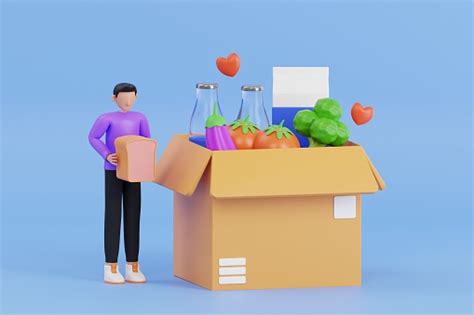 남자 만드는 음식 기부 상자 3d 그림 굶주림에 맞서 싸우기 위해 음식을 기부합니다 자원봉사 및 자선 3차원 형태에 대한 스톡