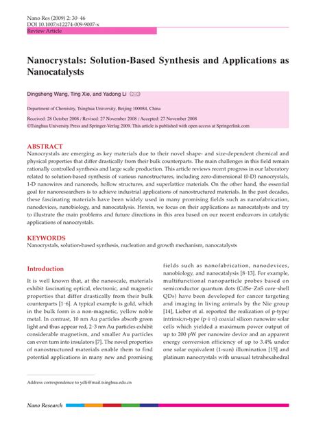 Pdf Nanocrystals Solution Based Synthesis And Applications As Nanocatalysts
