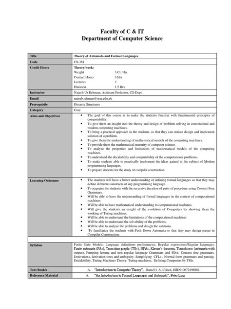 Cs361 Toa Course Outline Pdf Theoretical Computer Science Mathematics