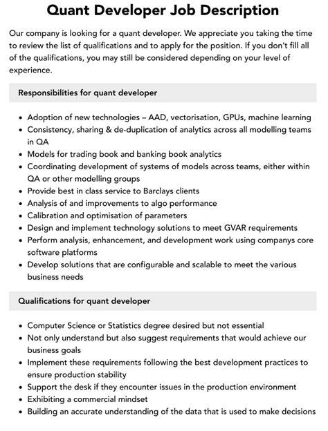 Quant Developer Job Description Velvet Jobs