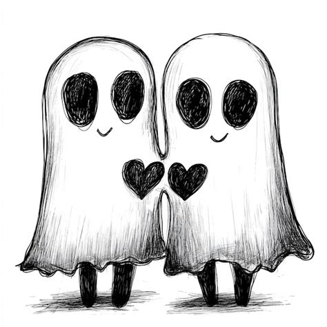Two Cute Ghosts In Love Black And White Hand Drawn Vector Illustration