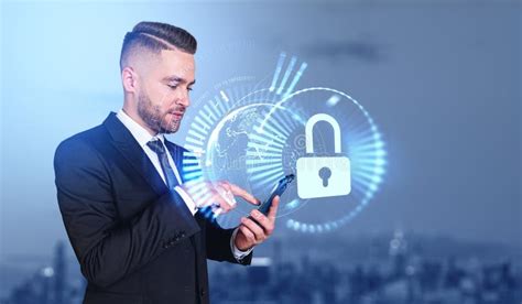 Man With Smartphone In City Cybersecurity Interface Stock Image