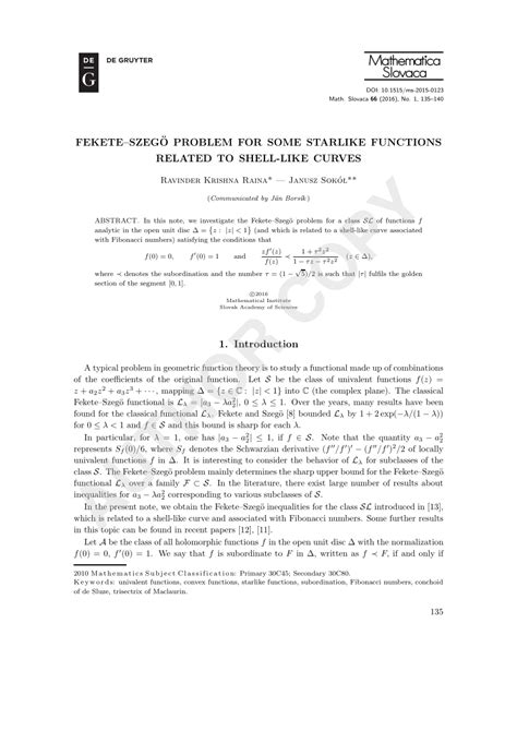 Pdf Fekete Szego Problem For Some Starlike Functions Related To Shell Like Curves