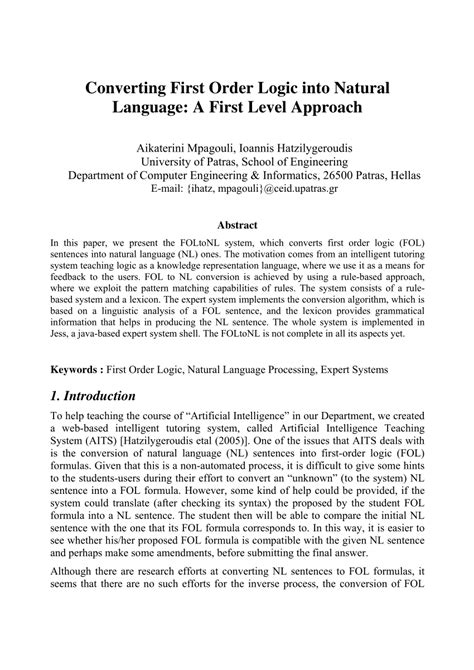 Pdf Converting First Order Logic Into Natural Language A First Level Approach