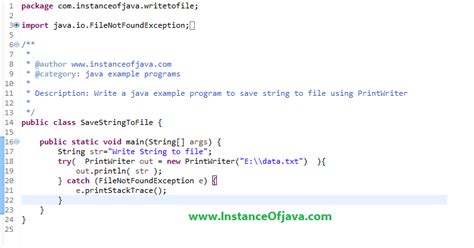 java program to write a string to file using printwriter instanceofjava