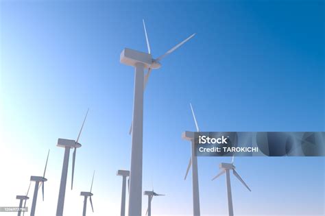 풍력 터빈을 많이 설치합니다 자연의 힘으로 전기를 생성합니다 3d 일러스트레이션 0명에 대한 스톡 사진 및 기타 이미지 0명 3차원 형태 녹색 기술 Istock