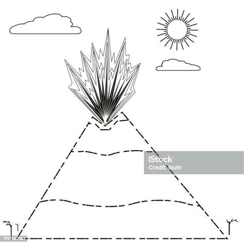 흰색 배경에 라인의 스타일로 화산의 분화구에서 화재의 분출 스톡 벡터 일러스트레이션 이 화산을 일깨웠다 화염과 마그마 화산 분화구에서 배출 기체 물리 구조에 대한 스톡 벡터