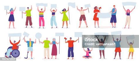 시위대 시위하는 사람들 표지판 현수막 플래카드를 들고 있는 활동가들 평화로운 시위 표현 정치 적 데모 벡터 세트 Referendum에 대한 스톡 벡터 아트 및 기타 이미지