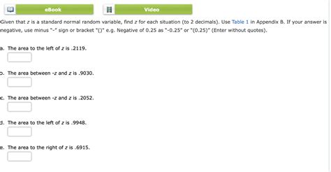 Solved еВook Video Given that z is a standard normal random Chegg com