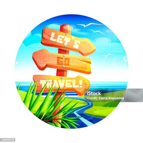 여름 휴가와 만화 스타일의 여행 개념 화창한 여름날 바다로가는 길 앞에 방향 화살표가있는 오래된 나무 판 교차로 표지판에 대한 스톡 벡터 아트 및 기타 이미지 Istock