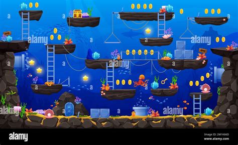 2d Arcade Game Underwater Landscape Level Map Interface Octopus Platform Stairs Coins And
