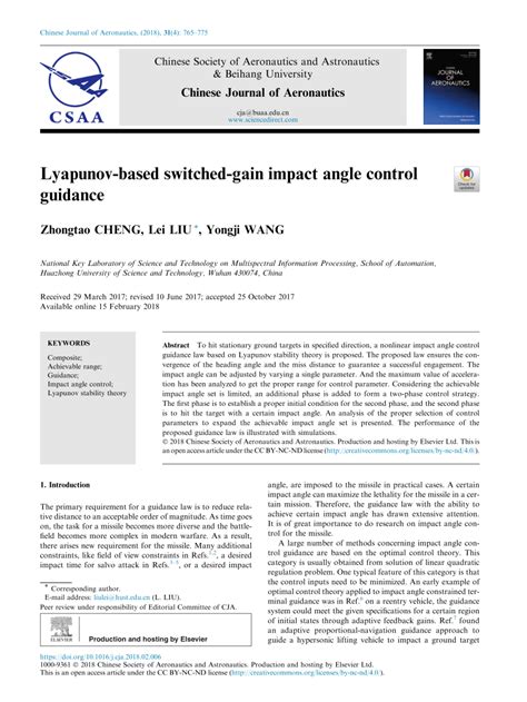 Pdf Lyapunov Based Switched Gain Impact Angle Control Guidance
