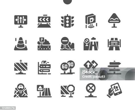 도로 표지판 잘 만들어진 픽셀 완벽한 벡터 솔리드 아이콘 30 웹 그래픽 및 애플 리 케이 션에 대 한 2 배 그리드 간단한 최소 그림 아이콘에 대한 스톡 벡터 아트 및