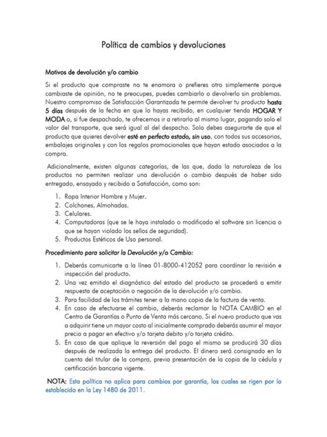 Política De Devoluciones Y Cambios Pdf Marca Dinero