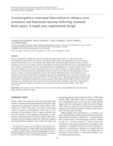 Pdf A Metacognitive Contextual Intervention To Enhance Error Awareness And Functional Outcome