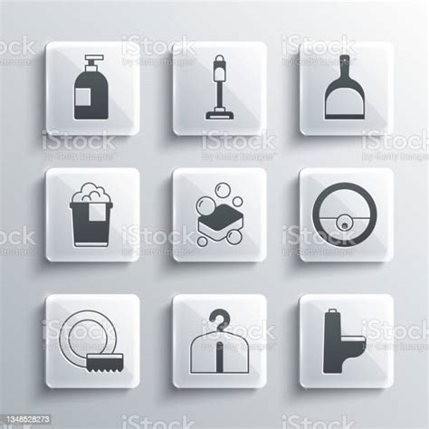 행거 옷장 화장실 그릇 로봇 진공 청소기 비누 바 설거지 거품이있는 양동이 식기 세척 액체 병 및 Dustpan 아이콘을