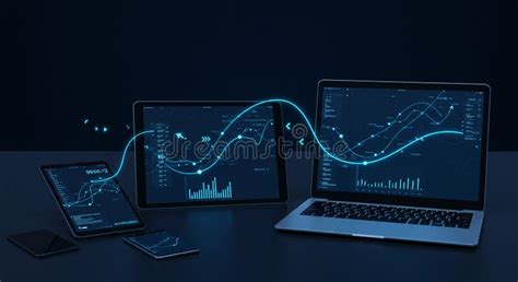 Laptops Tablets And Smartphones On A Dark Surface With Glowing Blue Graphs And Stock