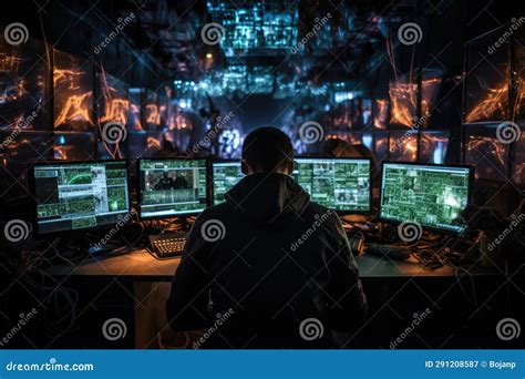Computer Hacker Operating Within The Darknet Surrounded By Screen Ai