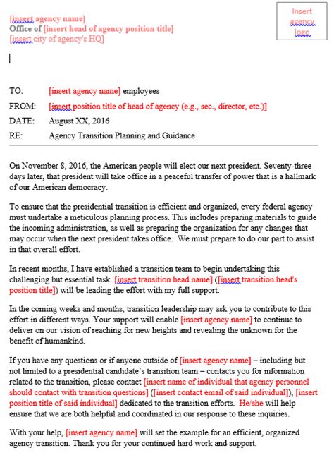 Transition 101 Memo For Agency Transition Directors — Transitions Of Power