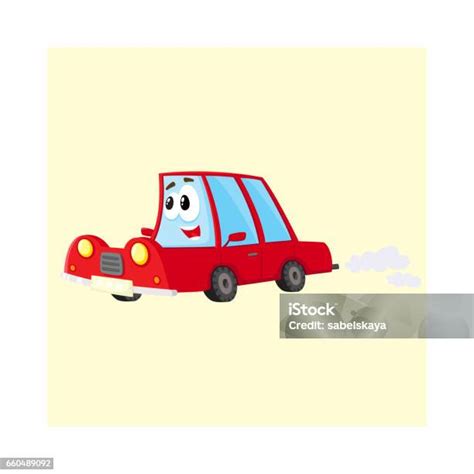 귀 엽 고 재미 있는 빨간 자동차 자동 문자 어딘가에 서두르고 가리키기에 대한 스톡 벡터 아트 및 기타 이미지 가리키기 개성 개념 공란 Istock
