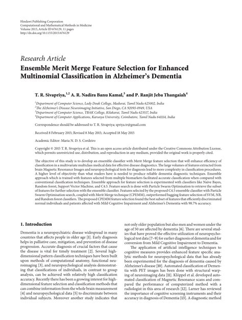 Pdf Ensemble Merit Merge Feature Selection For Enhanced Multinomial Classification In
