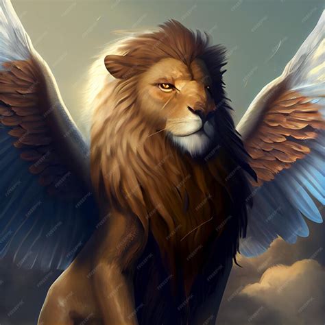 날개 달린 사자 날개 일러스트와 함께 장엄한 사자 프리미엄 사진