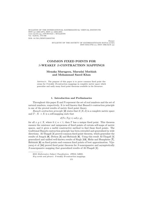 Pdf Common Fixed Points For S Weakly B Contraction Mappings
