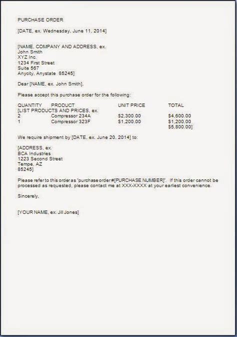 Purchase Order Letter Format In Word