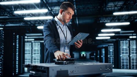 Successful Data Center It Specialist Using Tablet Computer Server Farm Cloud Computing Facility