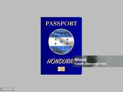 생체 인식 디지털 데이터 칩 사실적인 파란색 커버 아이콘 로고 광고 웹에 대한 황금 글자 벡터 일러스트와 국제 여권 온두라스 국기 국가 관광명소에 대한 스톡 벡터 아트 및