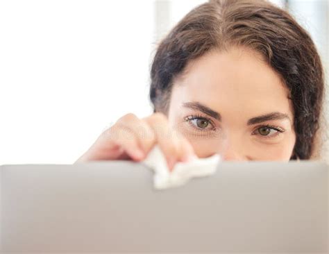 Woman Cleaning And Wipe Laptop In Home For Hygiene Health And Wellness Spring Cleaning