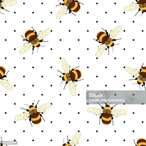 흰색 물방울 무늬 배경에 꿀벌과 원활한 패턴 작은 말살 벡터 그림입니다 사랑스러운 만화 캐릭터 초대 카드 직물 직물에 대한 템플릿 디자인 낙서 스타일 개념에 대한 스톡 벡터