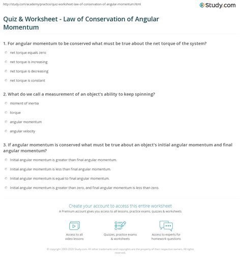 Quiz Worksheet Law Of Conservation Of Angular Momentum Study