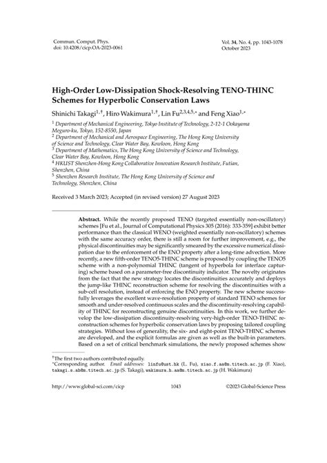 Global Science Press High Order Low Dissipation Shock Resolving Teno Thinc Schemes For
