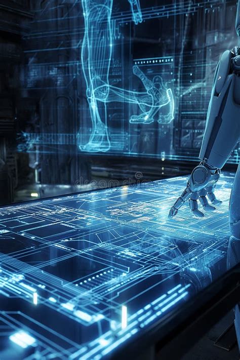 Hand And Fingers Of Robot Android Checking Electronic Digital Panel
