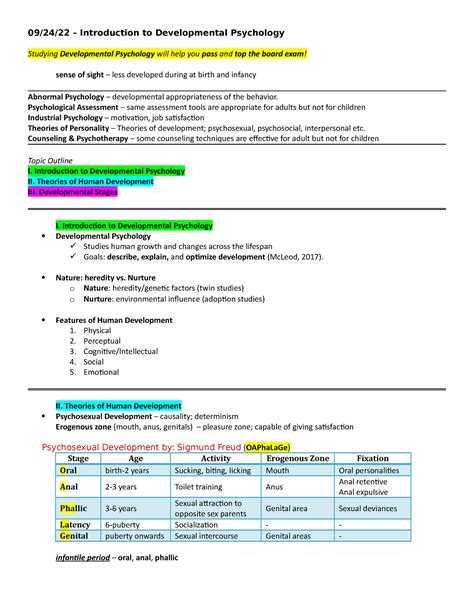 Developmental Psychology Lecture Notes 092422 Introduction To Developmental Psychology