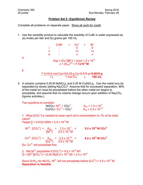 Chemistry Equilibrium Problem Set Spring 2016