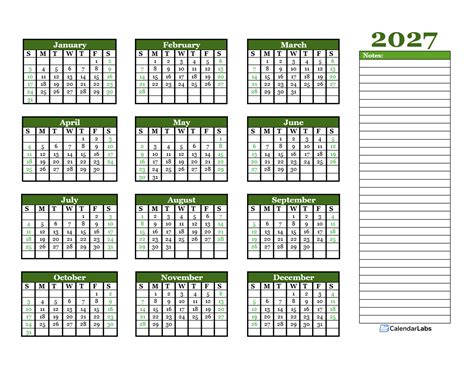 2027 Yearly Calendar With Blank Notes Free Printable Templates