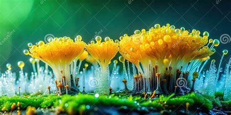 Yellow Slime Mold Aggregation On Grass A Microscopic Double Exposure Of
