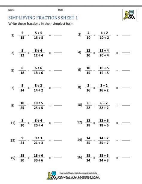 Simplify Fractions Worksheet