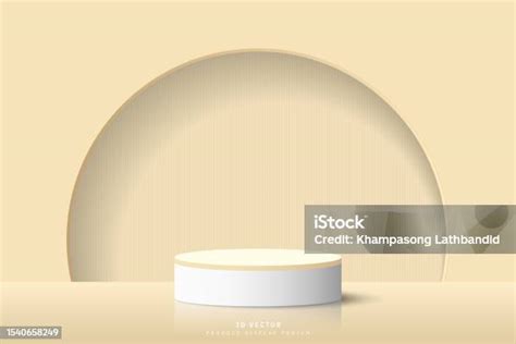 흰색 갈색 3d 실린더 연단 받침대는 반원 문 배경 앞에 현실적으로 배치됩니다 모형 또는 제품 프레젠테이션 쇼케이스를 위한 최소한의 장면 3d 벡터 기하학적 형태 디자인 0