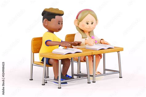 책상에 앉아 수업 중 인 귀여운 백인여자 흑인남자 어린아이 3d 캐릭터 렌더링 일러스트 Stock 일러스트레이션 Adobe