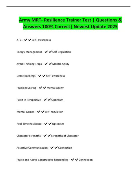 Army Mrt Resilience Trainer Test Questions And Answers 100 Correct Newest Update 2025