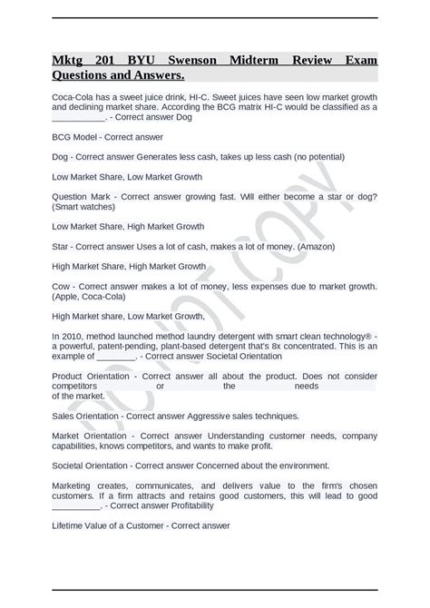 Mktg BYU Swenson Midterm Review Exam Questions And Answers Exams Marketing Docsity