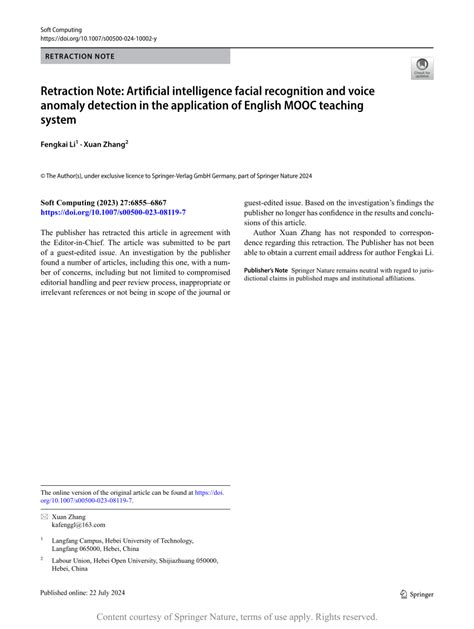 Retraction Note Artificial Intelligence Facial Recognition And Voice Anomaly Detection In The