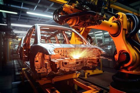 Automated Robotic Arms Line Welding Assembly Car Working At Futuristic Factory Industrial