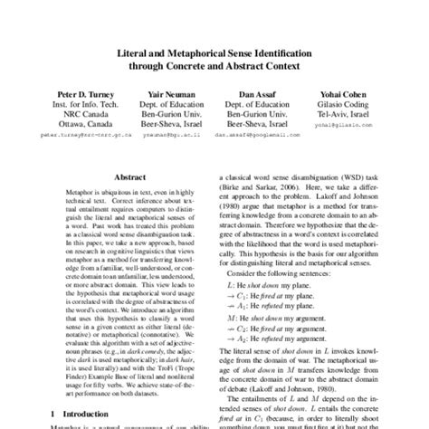 Literal And Metaphorical Sense Identification Through Concrete And Abstract Context Acl Anthology